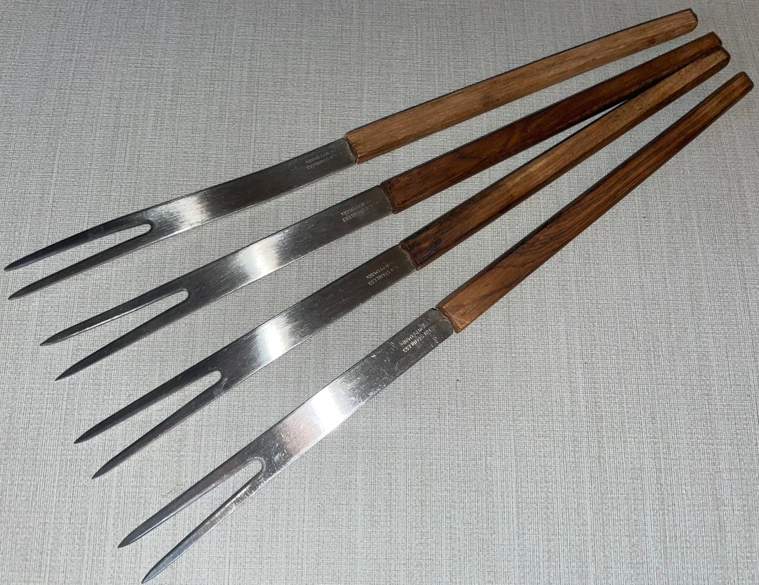 Vintage Mid Century Stainless and Wood Fondue Fork LOT of Four Stelton ...