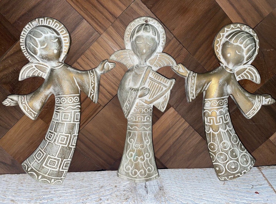 Vintage Mid Century Gold and Whitewashed Angel Chalkware Wall Hangings ...