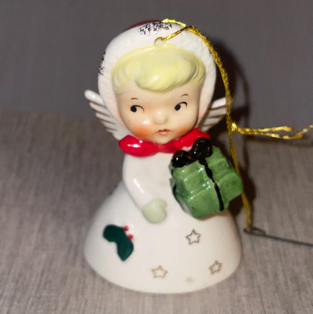 Vintage Mid Century Napco Ceramic Angel Holding Green Present Christmas ...