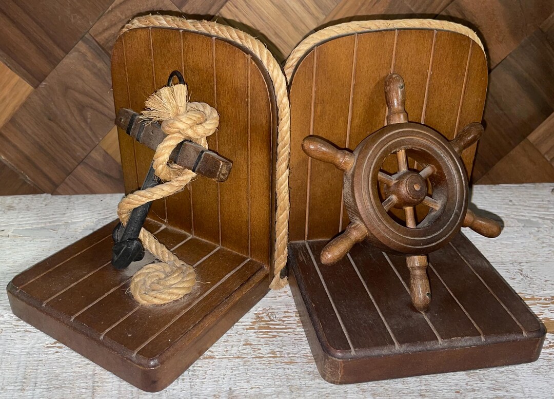 Vintage Mid Century Nautical Theme Anchor and Ship Wheel Wood Book Ends ...