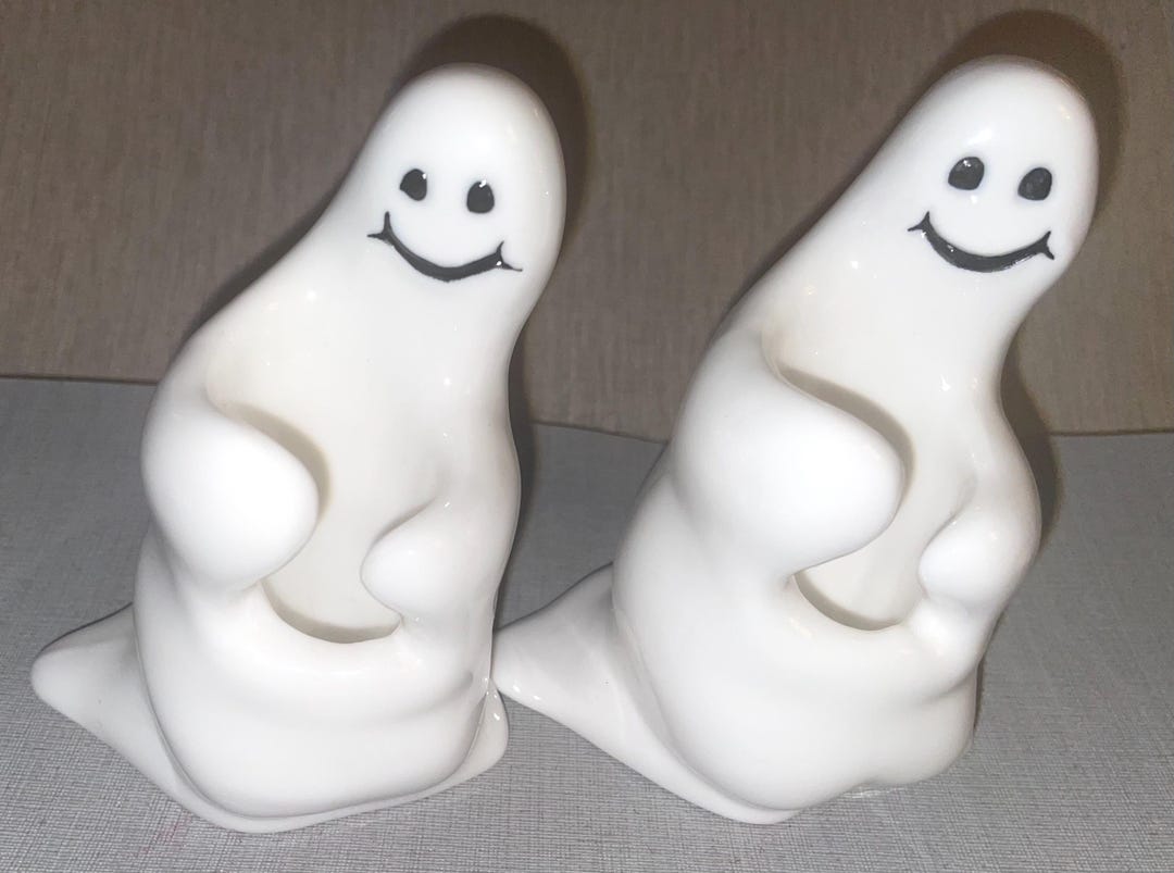Vintage Cute Ceramic Smiling Ghost Candle Holder Pair Halloween Decor ...