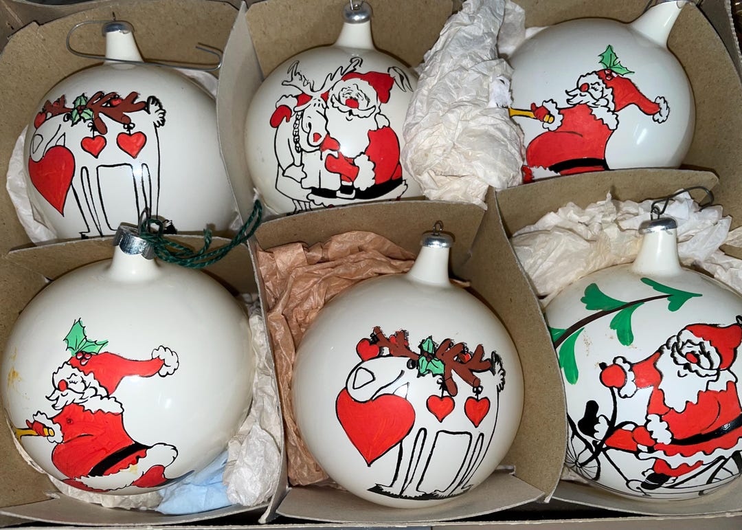 Vintage Mid Century Santa Claus and Rudolph Hand Painted White Glass ...