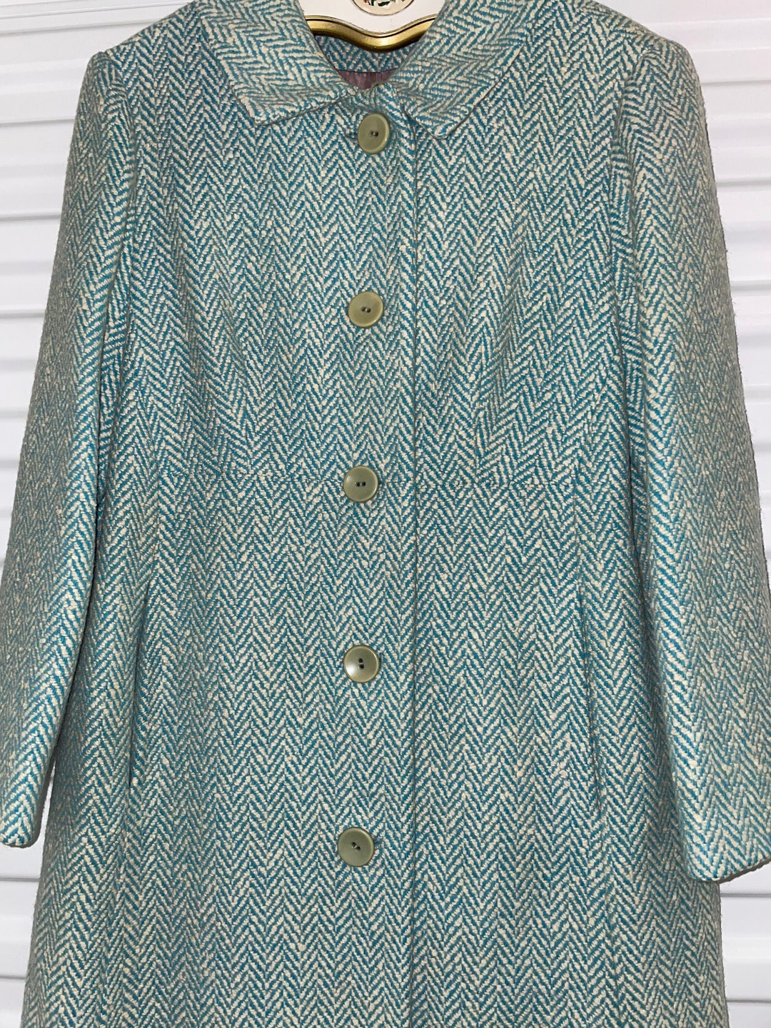 Vintage 60s Ladies Pendleton Blue Herringbone Tweed Wool Long Coat With ...