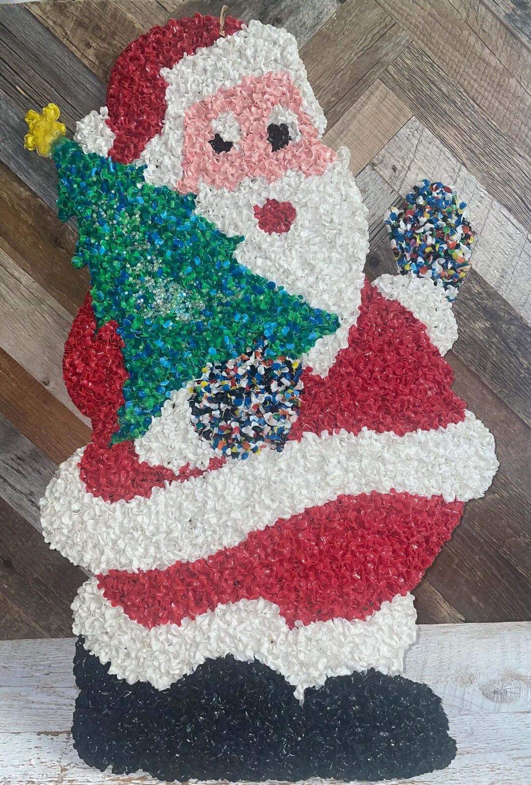 Vintage Plastic Popcorn Santa Claus With Tree Christmas Decoration ...
