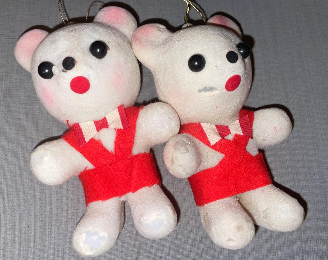 Vintage White Flocked Teddy Bear Wearing Red Ornament Pair - Etsy