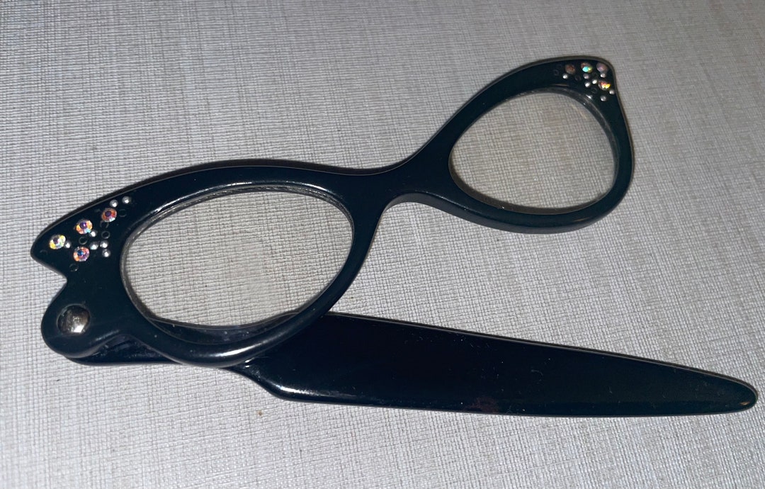 Vintage Cat Eye Rhinestone Folding Black Plastic Lorgnette Glasses - Etsy
