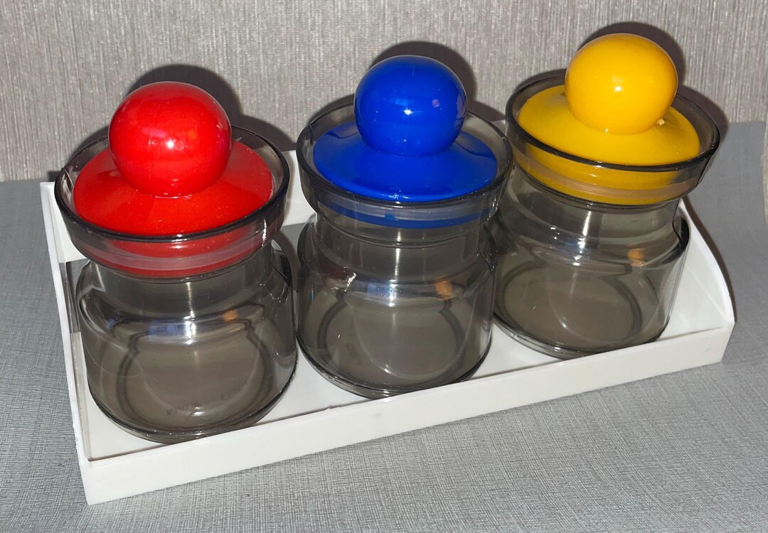 Vintage 70s Red Blue and Yellow Storage Jar Set With Rack Panton Era - Etsy