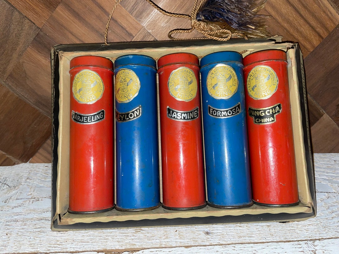 Vintage Mid Century Red and Blue Enamel Tea Tin Tube Set With Box - Etsy