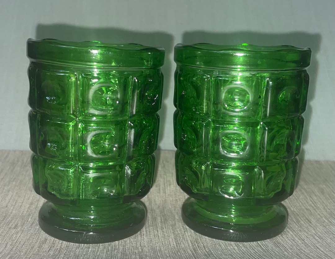 Vintage MOD 70s Green Glass Square and Circle Design Pedestal Votive ...