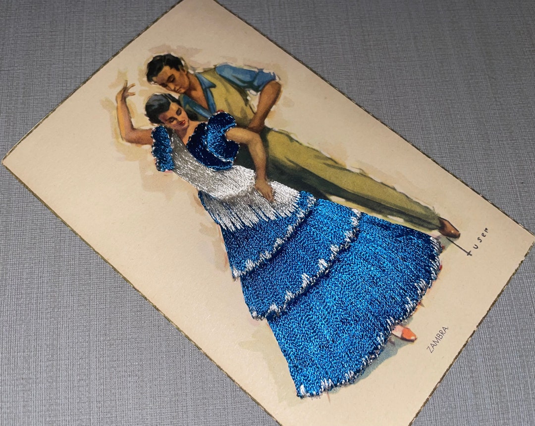 Vintage Embroidered Blue Silk Flamenco Dancers Postcard Made in Spain ...