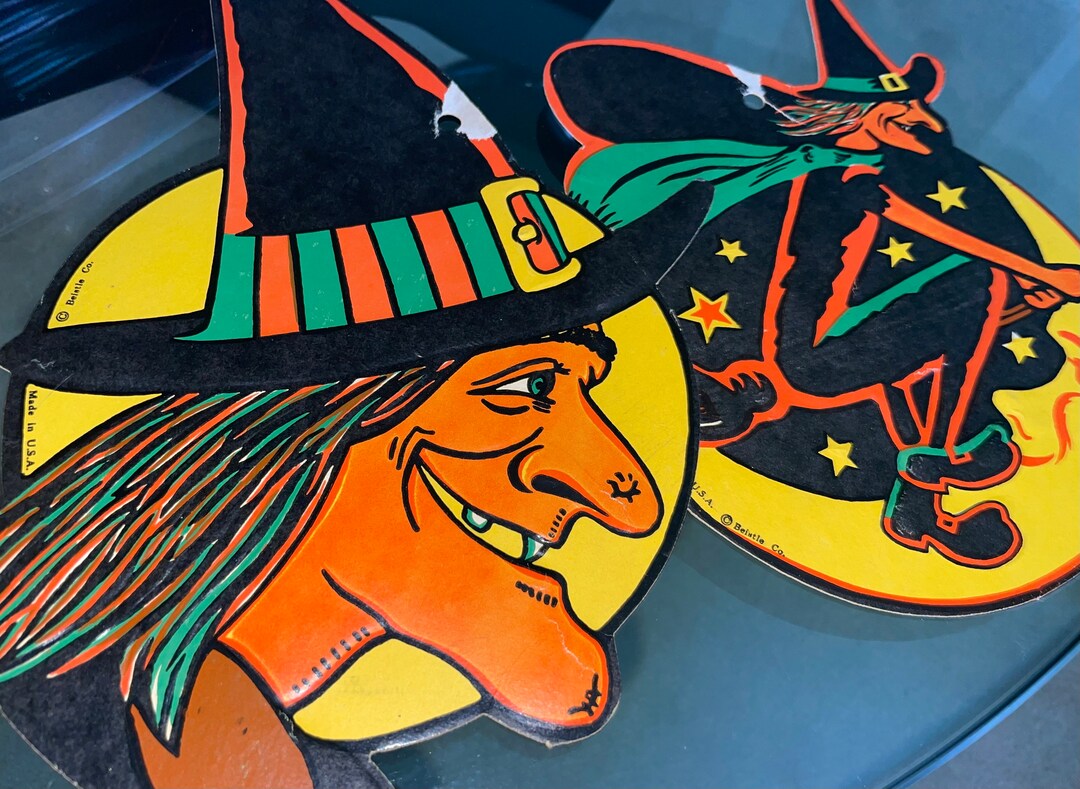 Vintage Authentic Beistle Witch on Broomstick and Face Paper Halloween ...