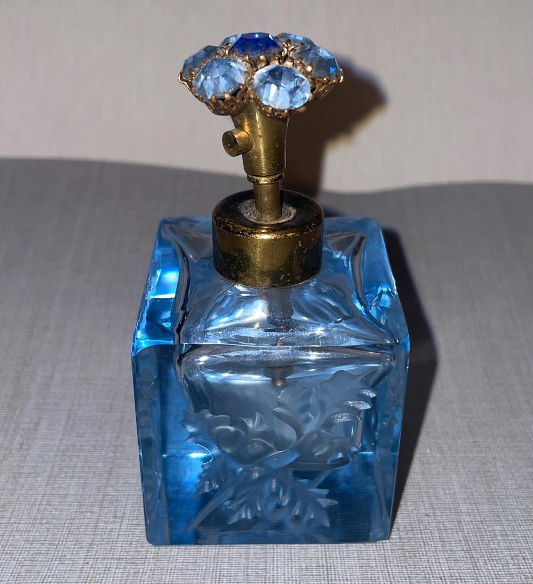 Vintage Blue Etched Glass Square Perfume Bottle With Spray Rhinestones ...