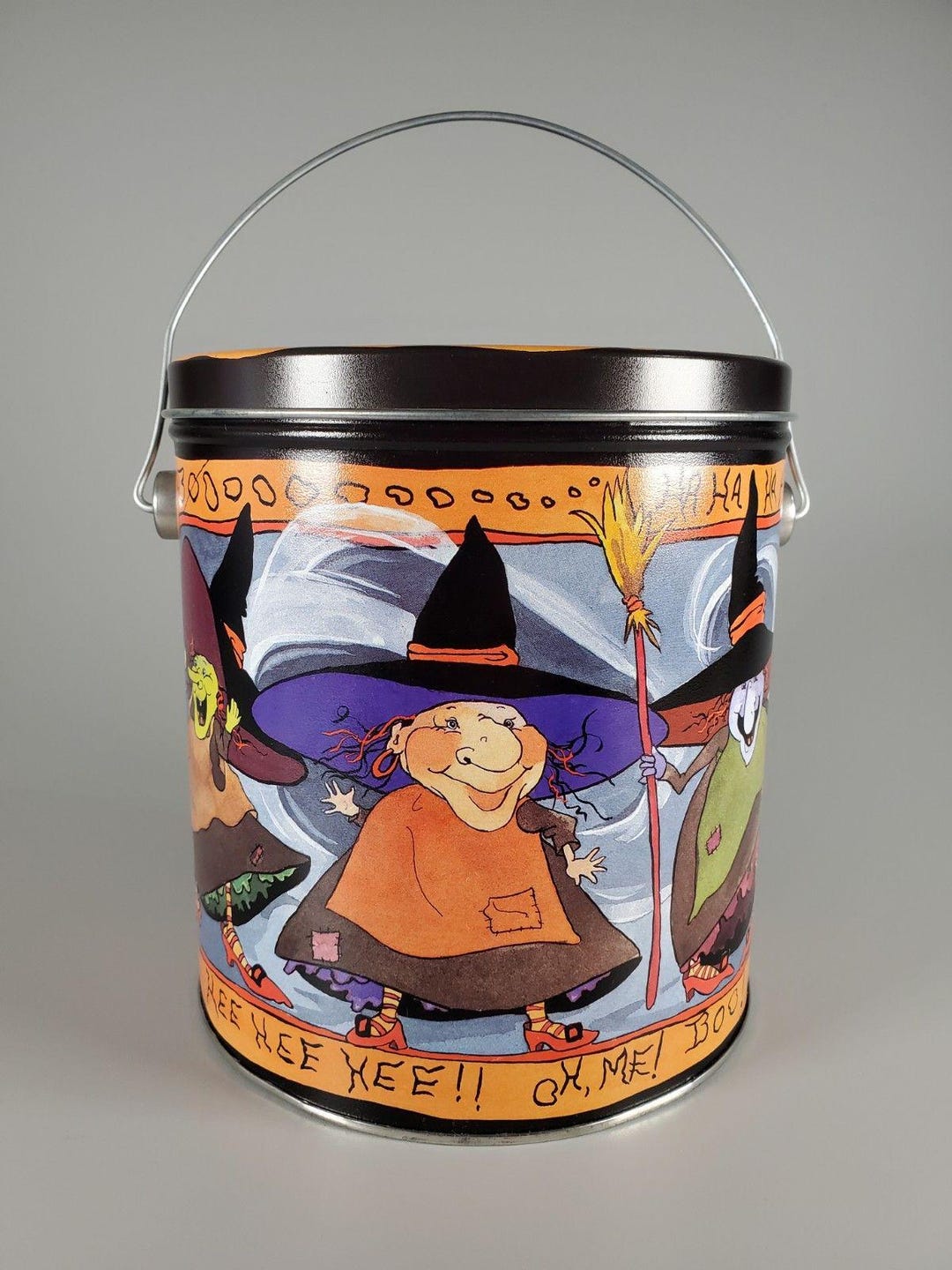 Vintage Halloween Laughing Witch Witches 7" Tin Lithograph Candy Bucket ...