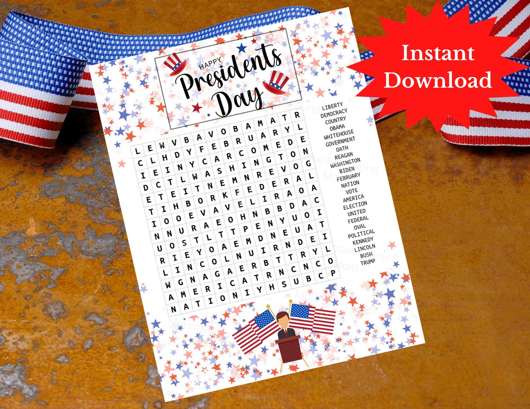 Presidents Day Word Search, President's Day Printable, President's Day ...