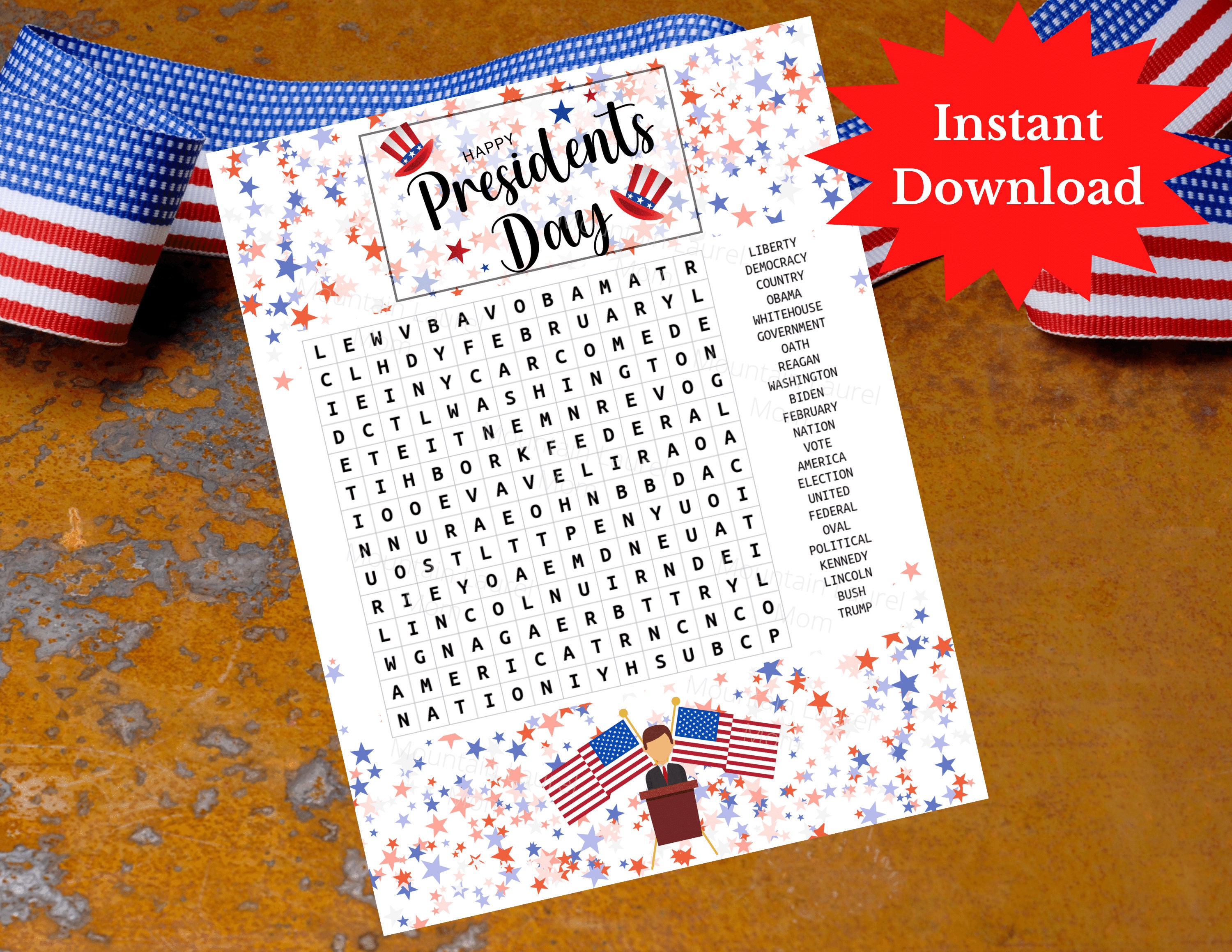 Presidents Day Word Search, President's Day Printable, President's Day ...