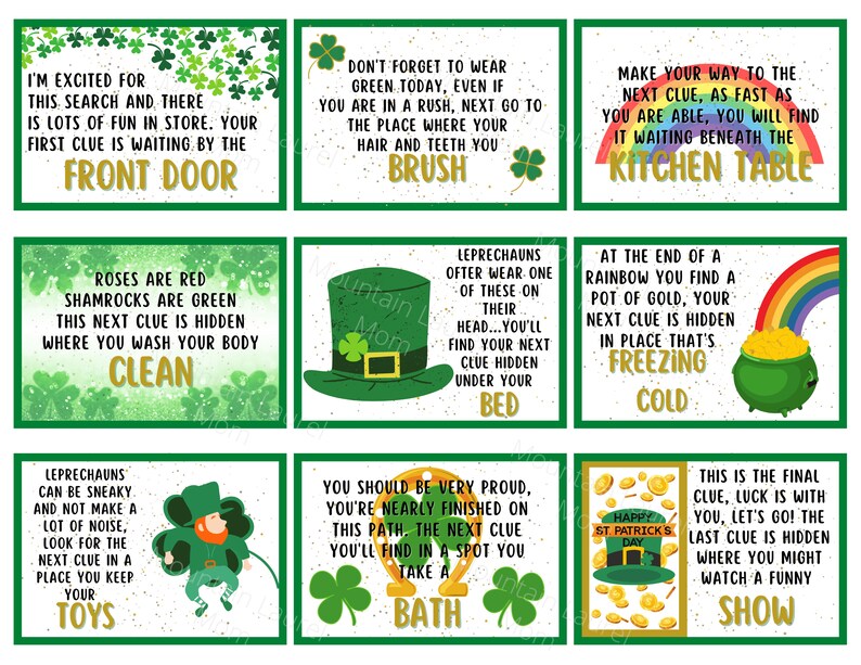 St Patricks Day Scavenger Hunt Clues, Leprechaun Hunt, Indoor Activity ...