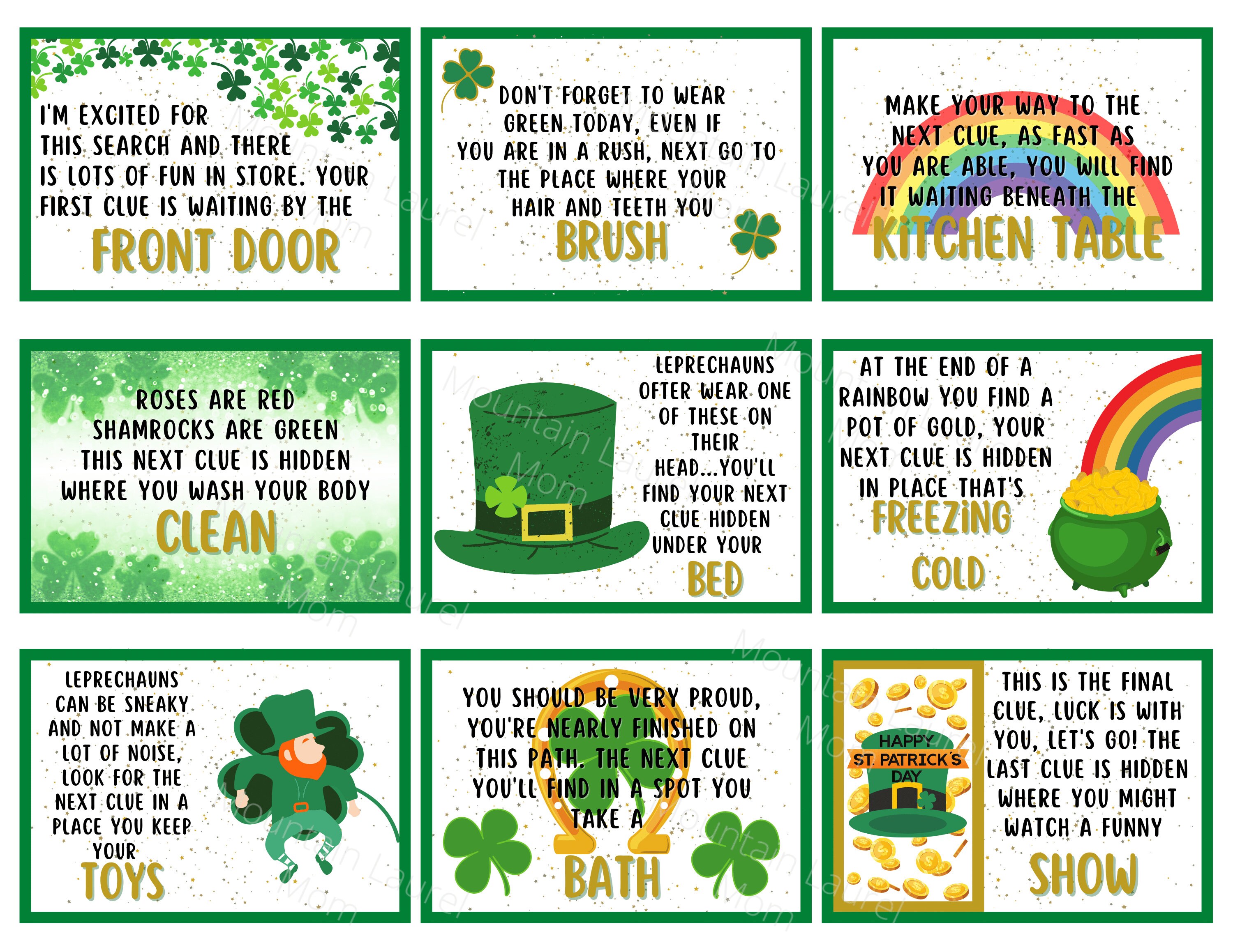 St Patricks Day Scavenger Hunt Clues, Leprechaun Hunt, Indoor Activity ...