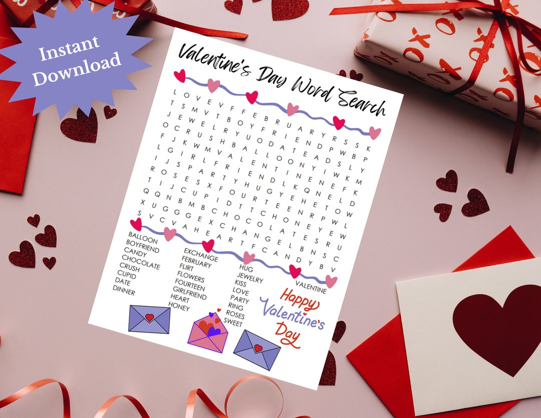 Valentine Word Search Printable Game Worksheet, Valentine Printable ...