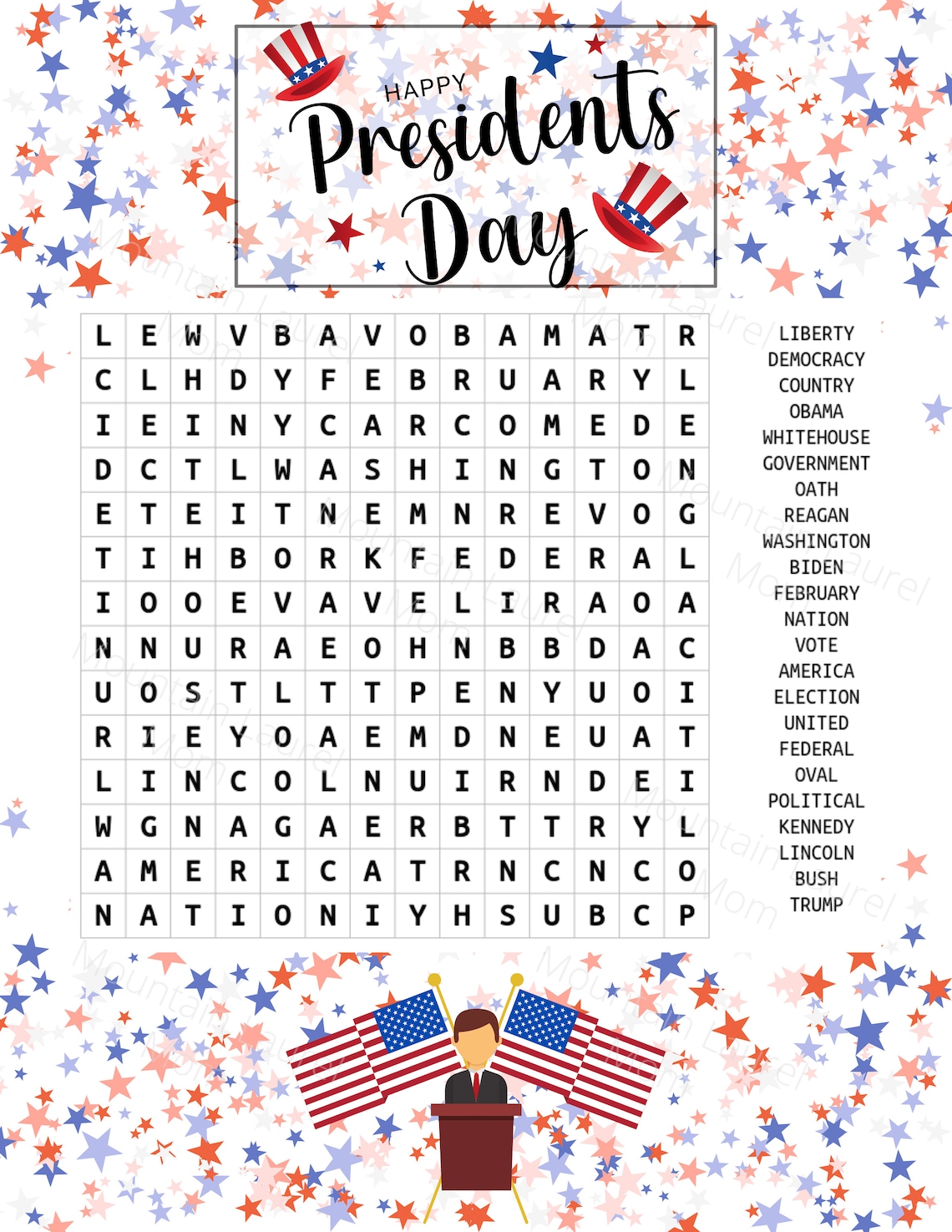 Presidents Day Word Search, President's Day Printable, President's Day ...