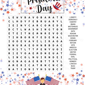Presidents Day Word Search, President's Day Printable, President's Day ...