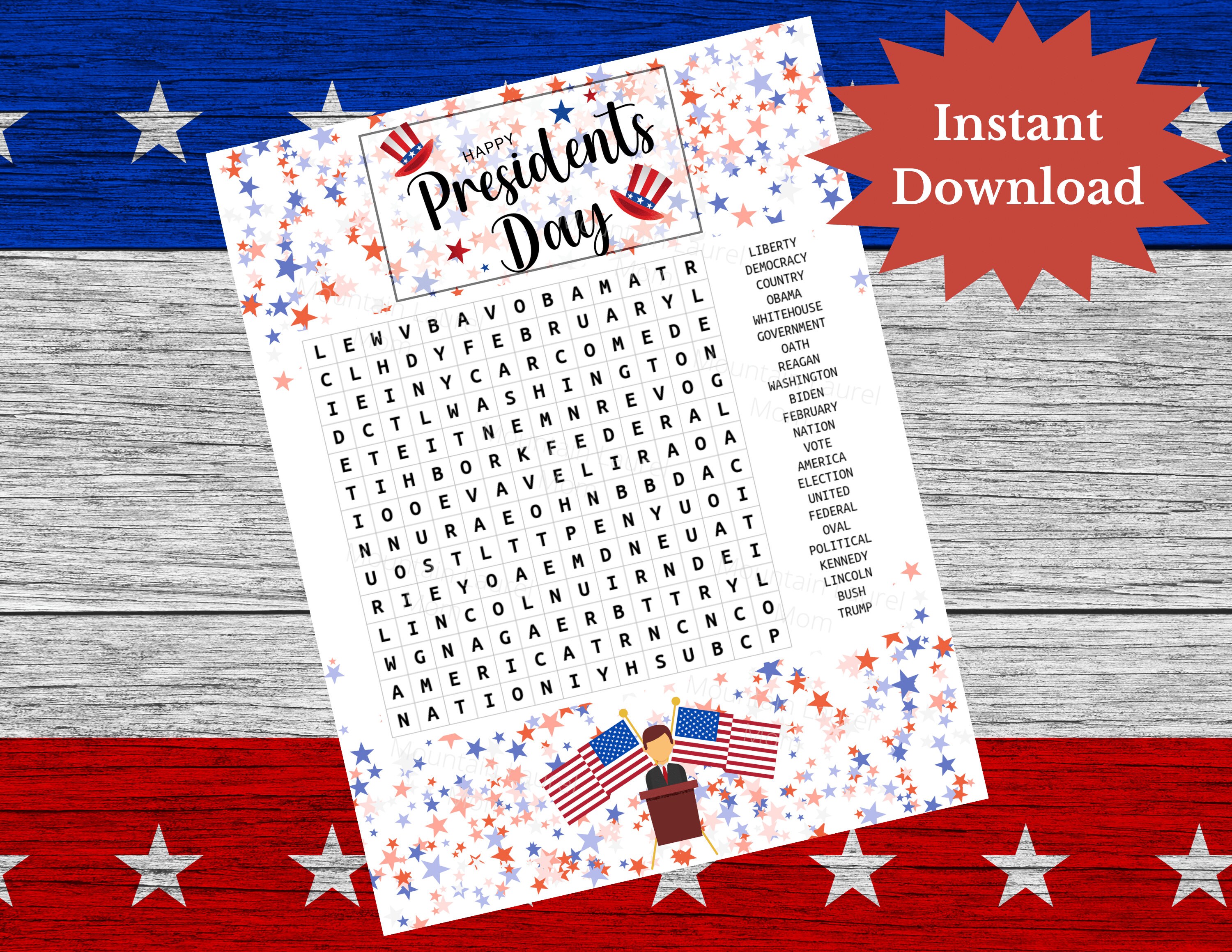 Presidents Day Word Search, President's Day Printable, President's Day ...