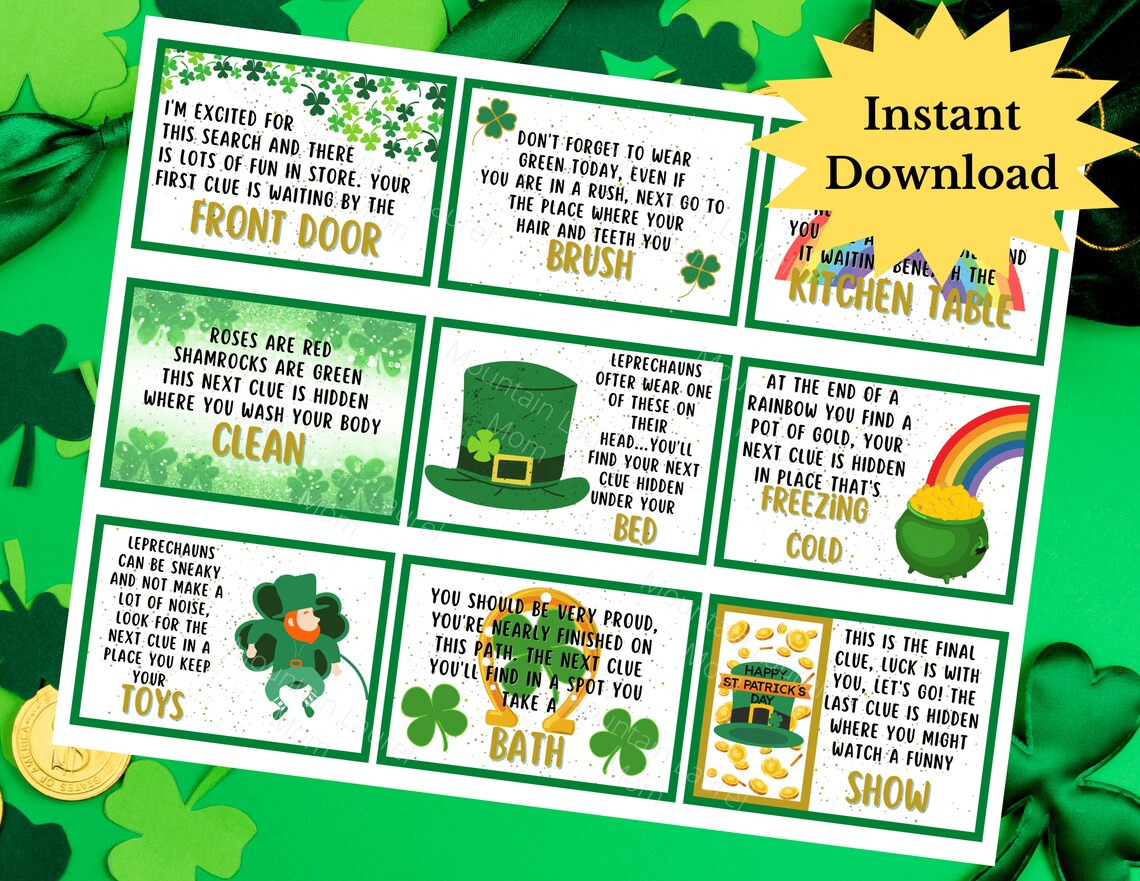 St Patricks Day Scavenger Hunt Clues, Leprechaun Hunt, Indoor Activity ...