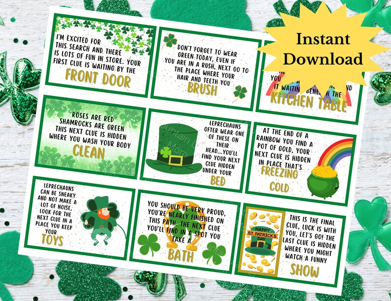 St Patricks Day Scavenger Hunt Clues, Leprechaun Hunt, Indoor Activity ...