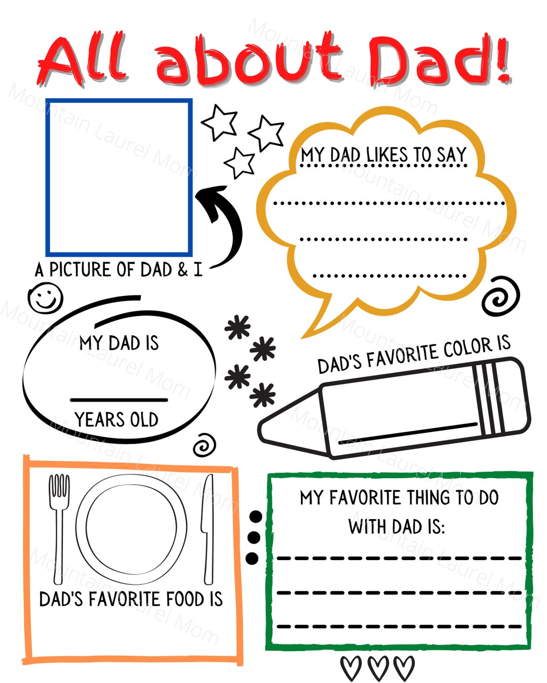 All About My Dad Fill in the Blank Printable for Father's Day, DIY ...
