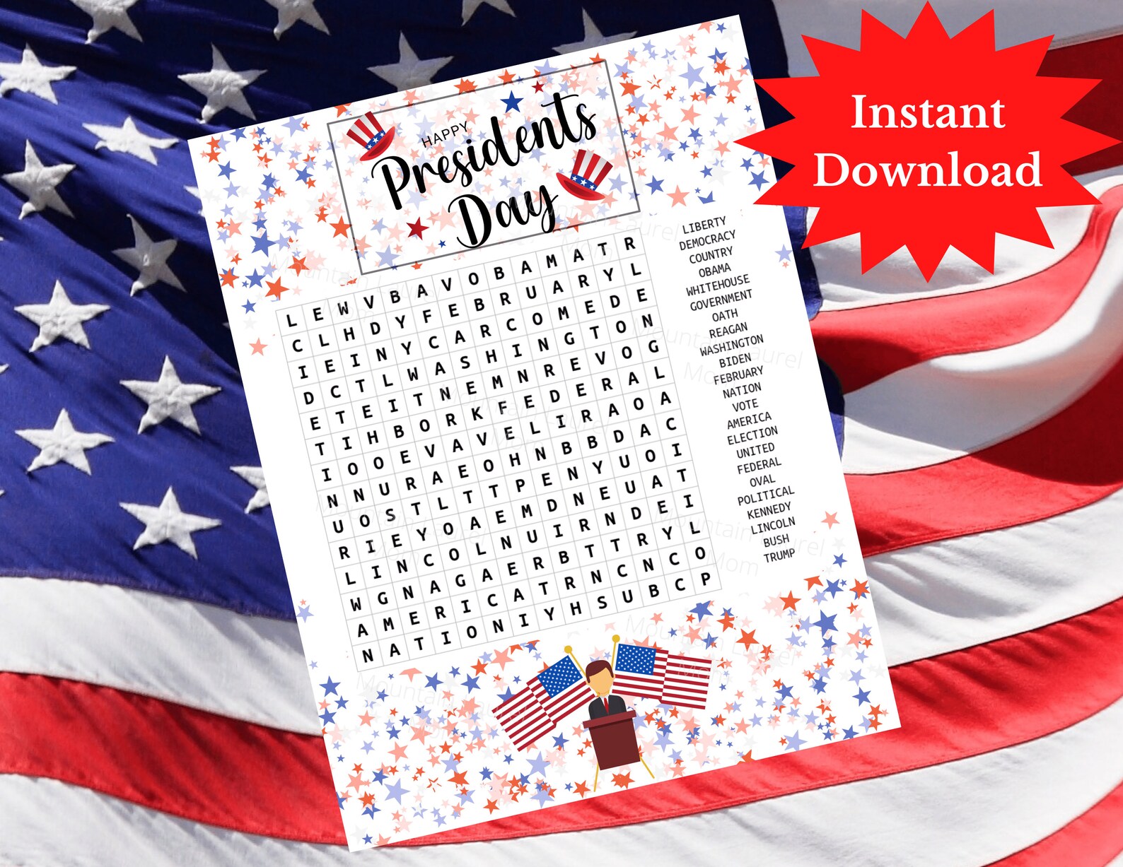 Presidents Day Word Search, President's Day Printable, President's Day ...