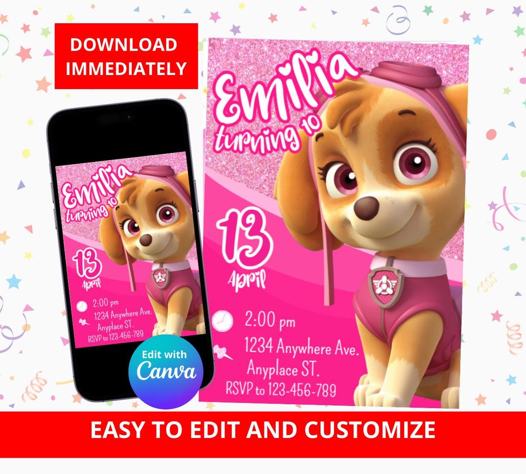 Editable Skye Paw Patrol Birthday Invitation Digital Download ...