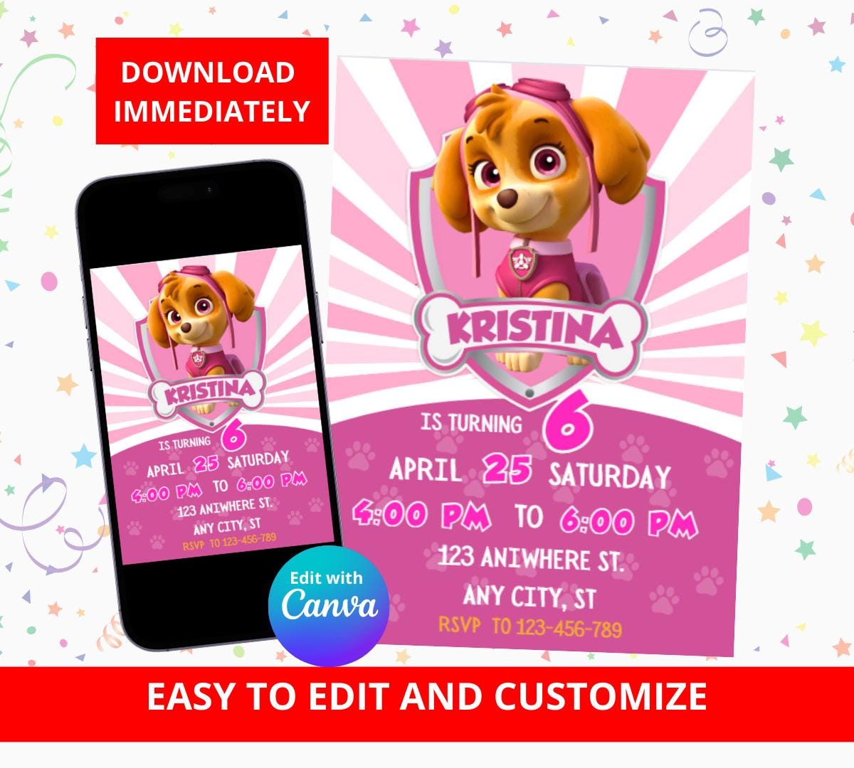 Editable Skye Paw Patrol Birthday Invitation Digital Download ...
