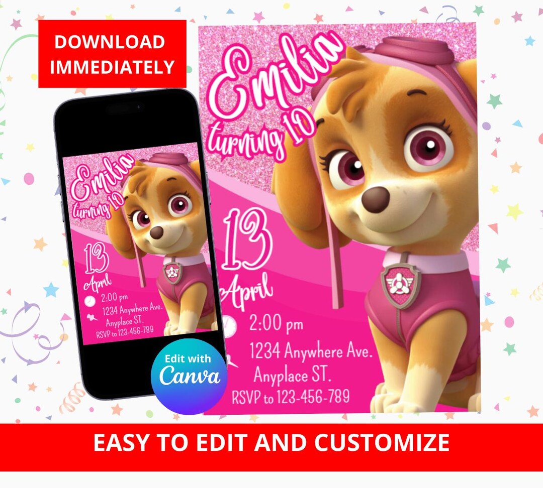 Editable Skye Paw Patrol Birthday Invitation Digital Download ...