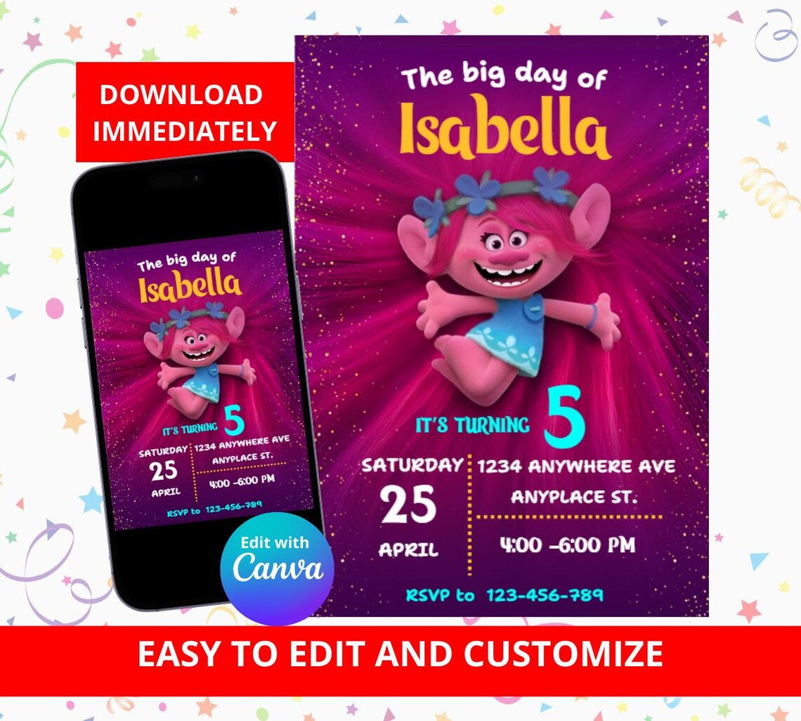 Trolls Birthday Invitation, Personalized Trolls Birthday Invitation ...