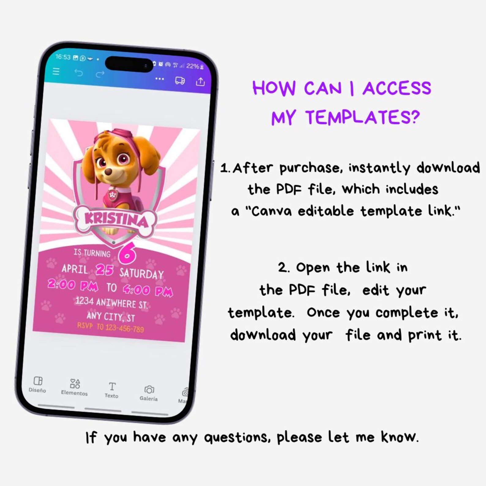 Editable Skye Paw Patrol Birthday Invitation Digital Download ...