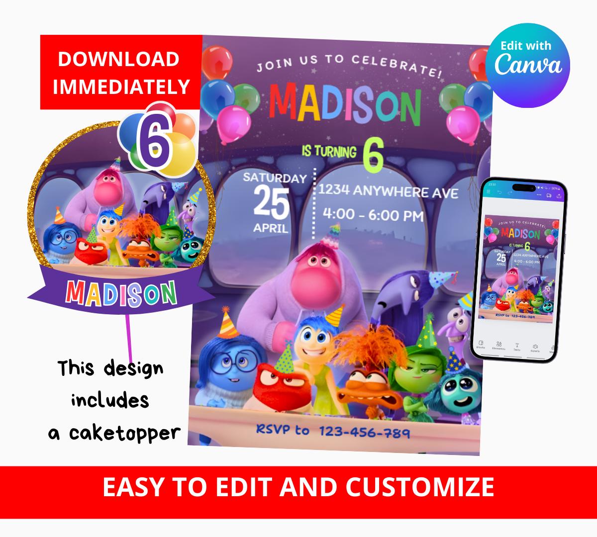 Inside Out 2 Birthday Invitation, Editable Inside Out Invitation ...