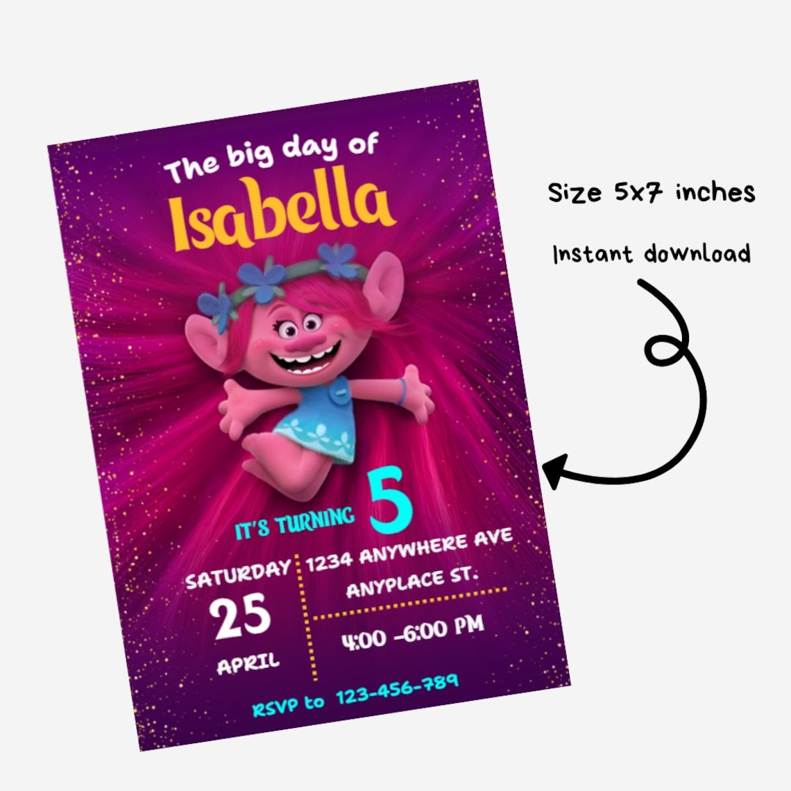 Trolls Birthday Invitation, Personalized Trolls Birthday Invitation ...