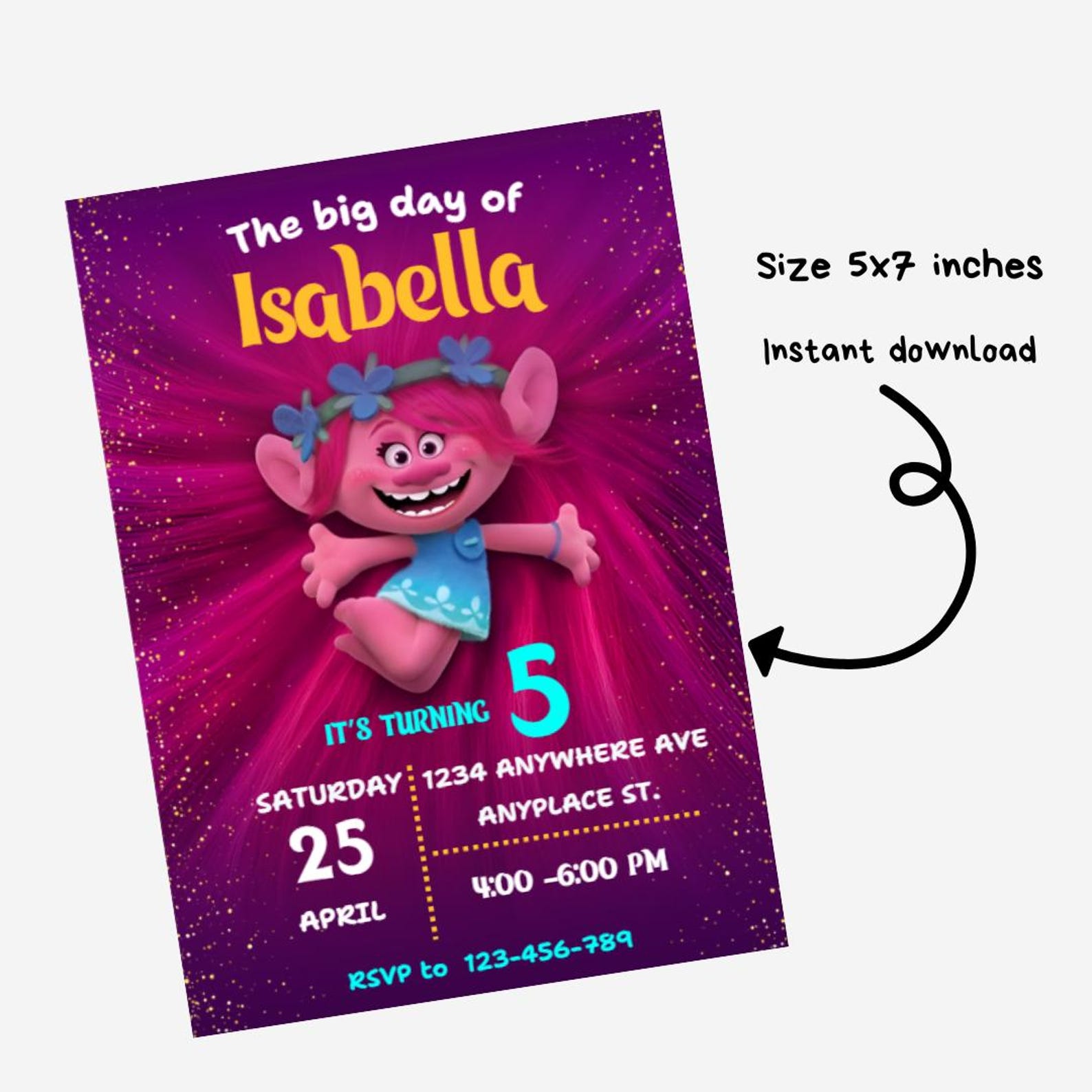 Trolls Birthday Invitation, Personalized Trolls Birthday Invitation ...
