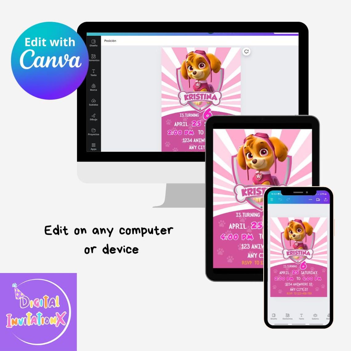 Editable Skye Paw Patrol Birthday Invitation Digital Download ...