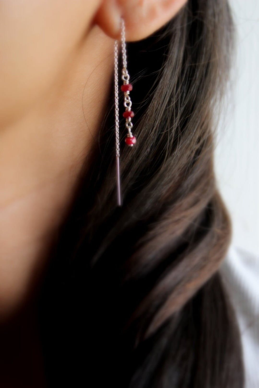 Genuine Ruby Sterling Silver Threader Earrings / July Birthstone / Rubies Ear Thread Threaders ...