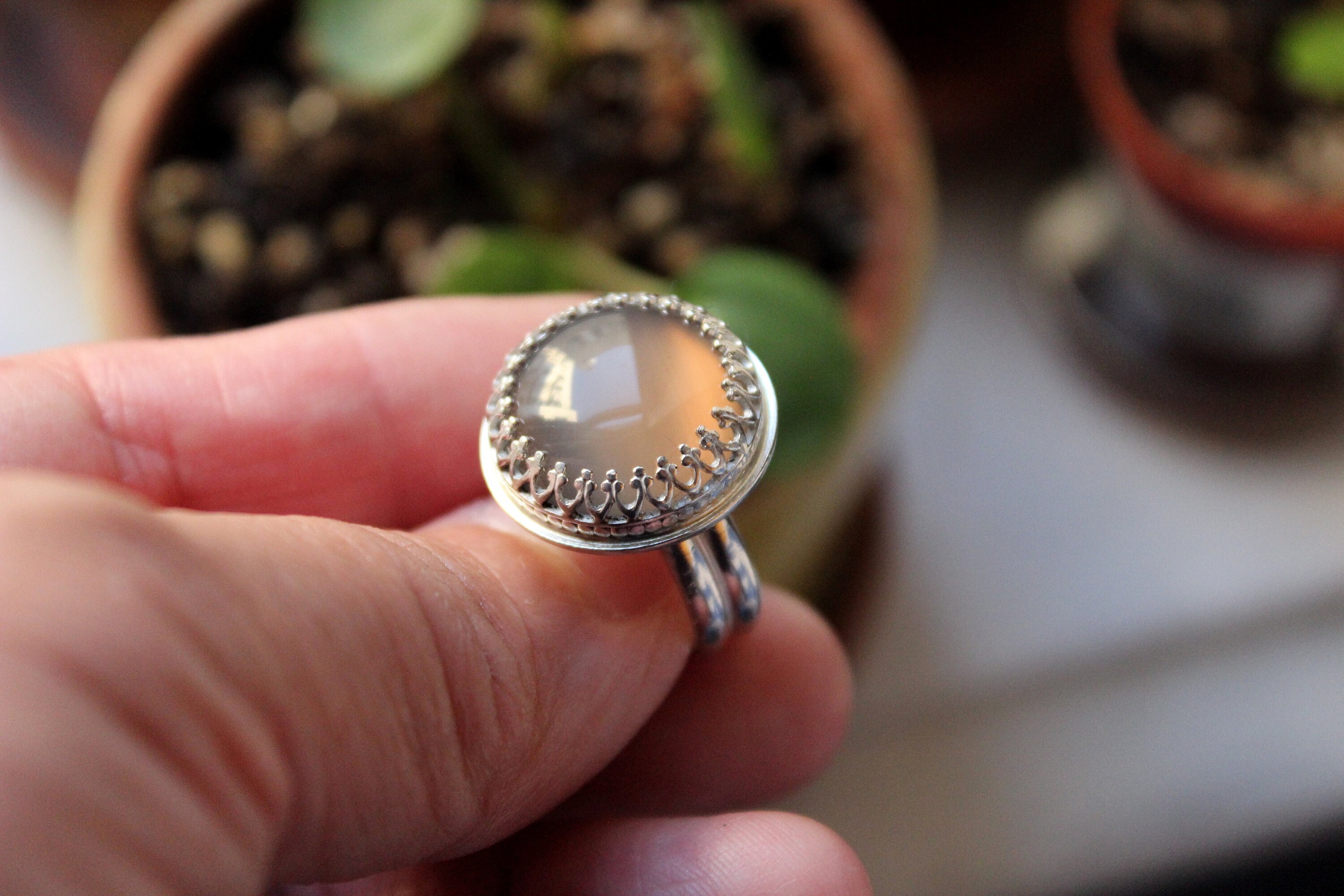 SIZE 7 Round Agate Grey Sterling Silver Statement Ring | Etsy