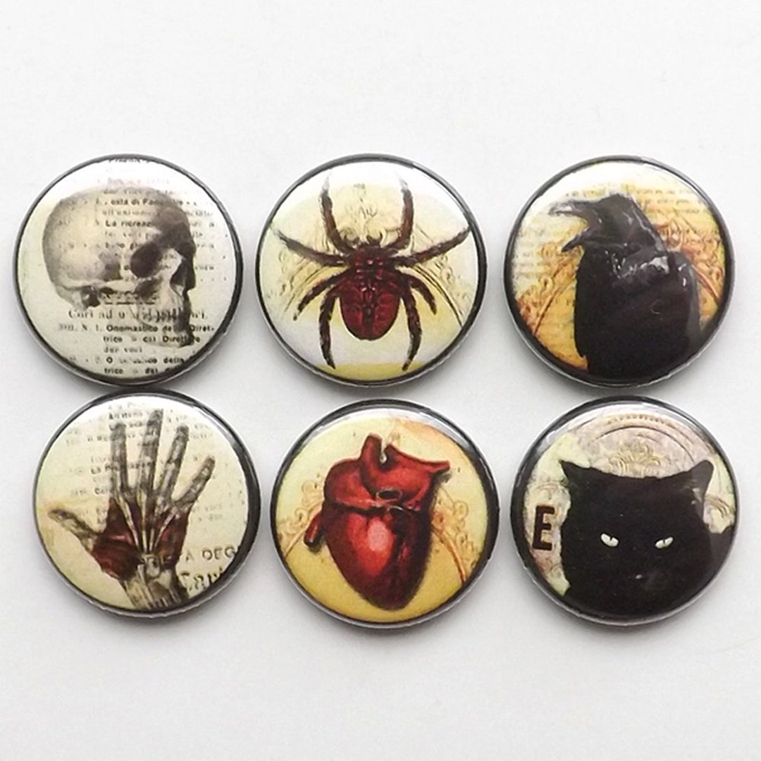 Goth Horror Macabre Badges Button Pins Heart Skull Hand Black Cat Raven ...