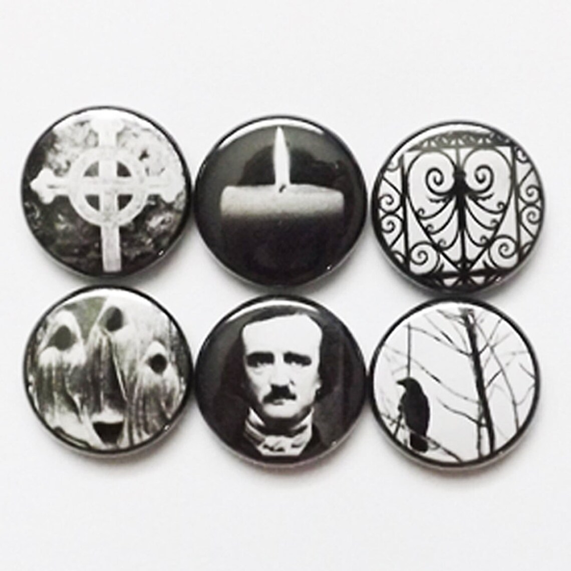 Goth Button Pins Badges Poe Spooky Halloween Macabre Party Favor ...