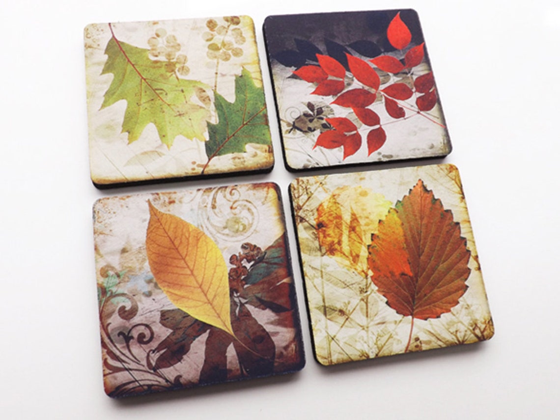 Fall Leaves Drink Coaster Set Autumn Hostess Gift Holiday Party Favors ...