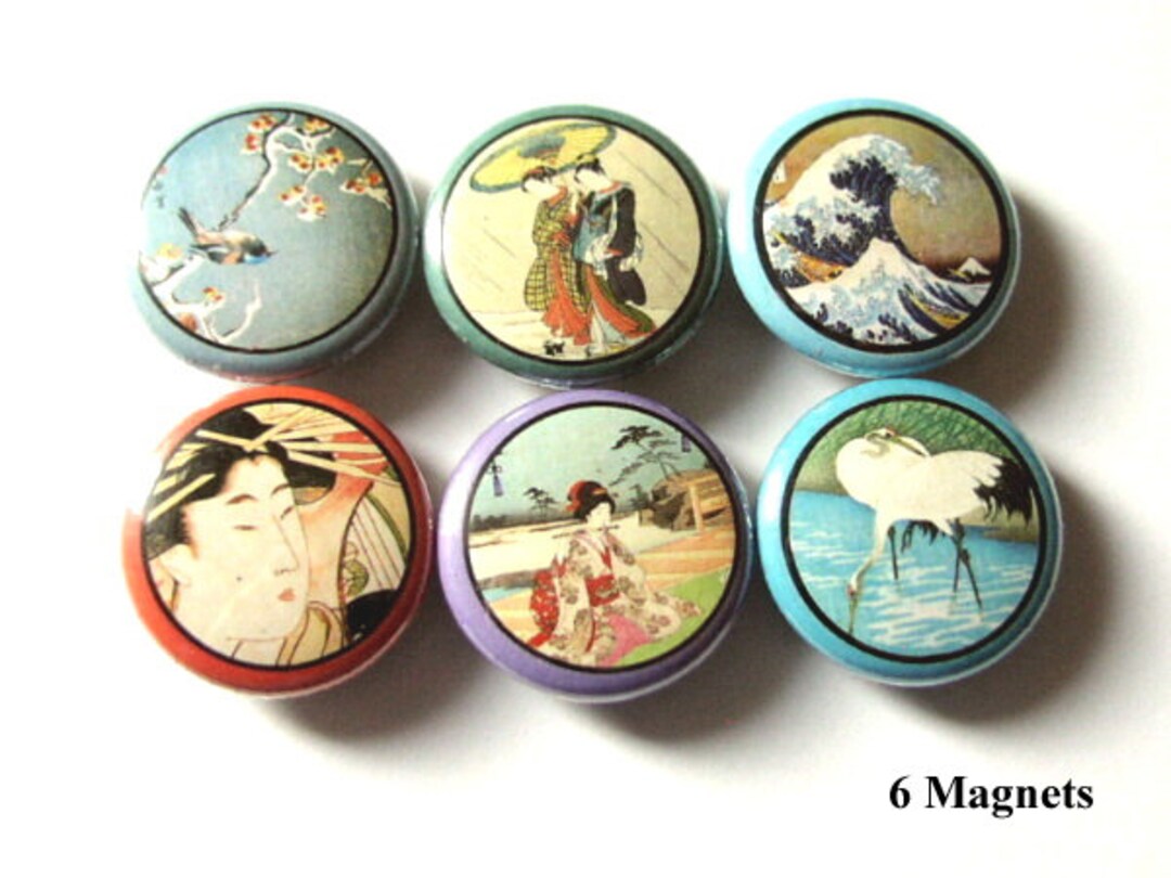 Fridge Magnets Japanese Woodblocks Refrigerator Crane Tree Retro Geisha ...
