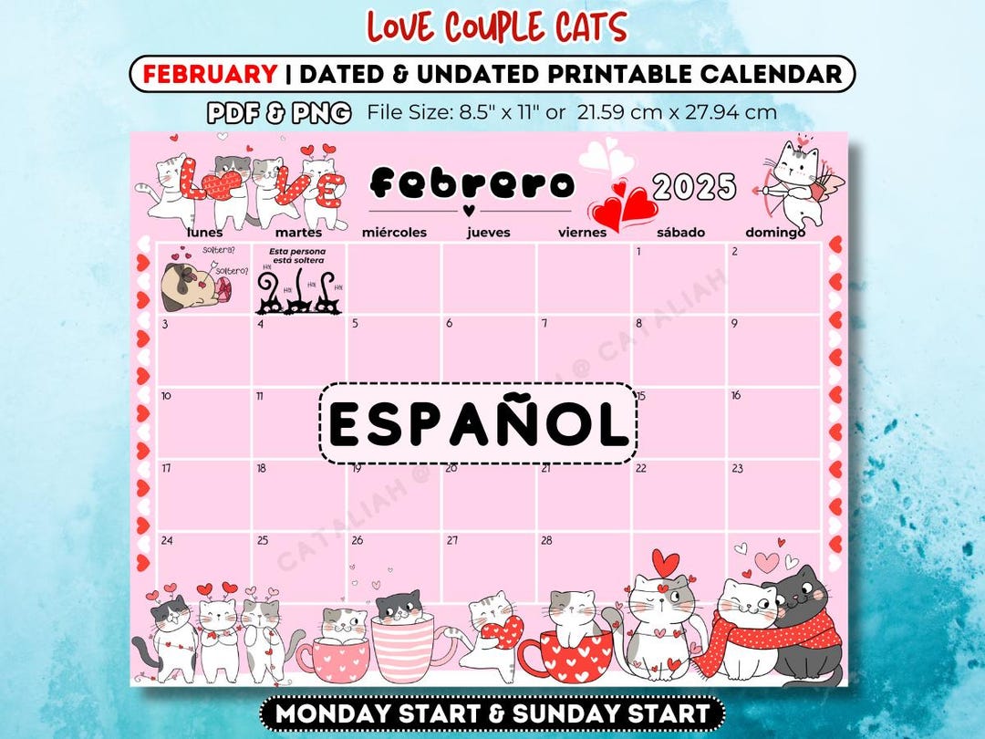 Printable Spanish February Monthly Calendar for Kids W/ Cute Calico ...