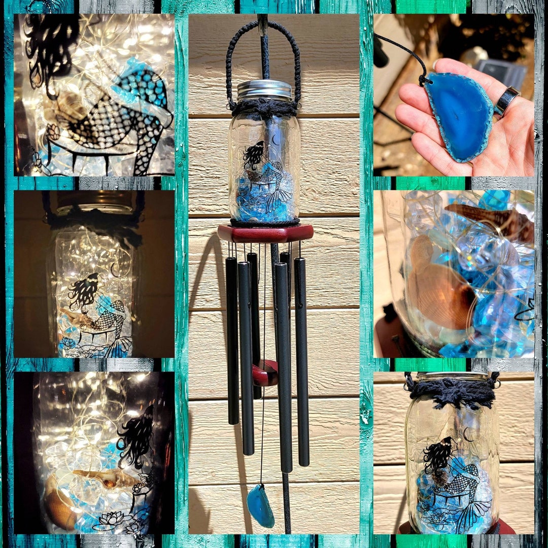 Mermaid Solar Rechargeable Mason Jar Fairy Lantern Wind Chime, Outdoor ...