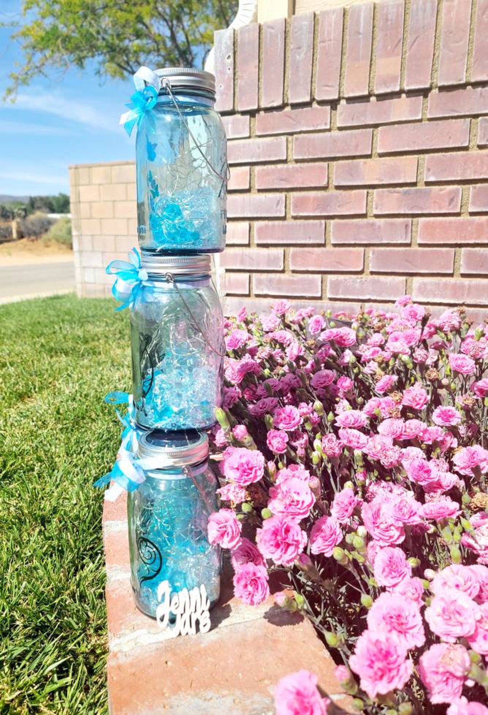 Solar Blue Glass Mason Jar Fairy Lantern Outdoor Garden | Etsy