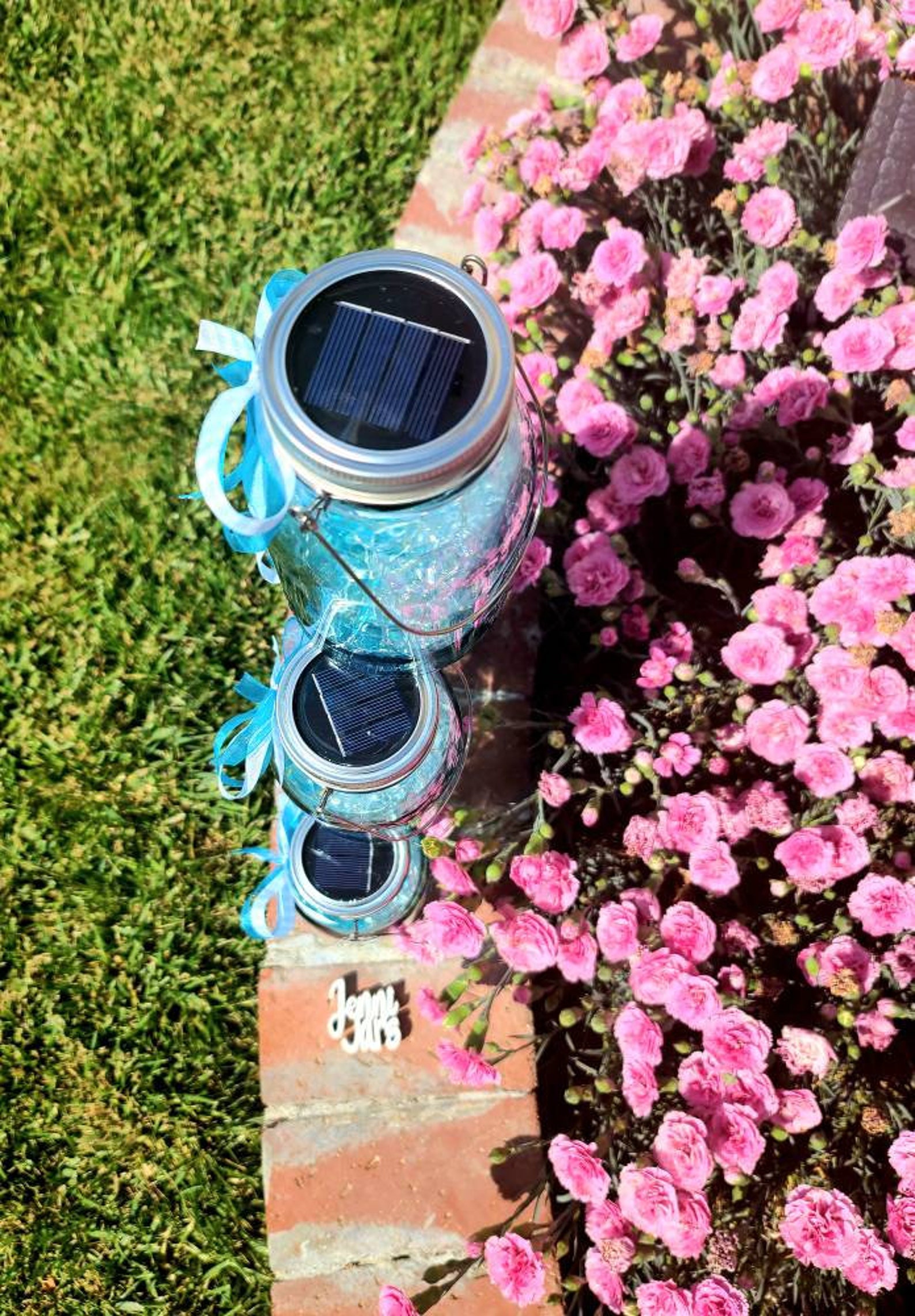 Solar Blue Glass Mason Jar Fairy Lantern Outdoor Garden | Etsy