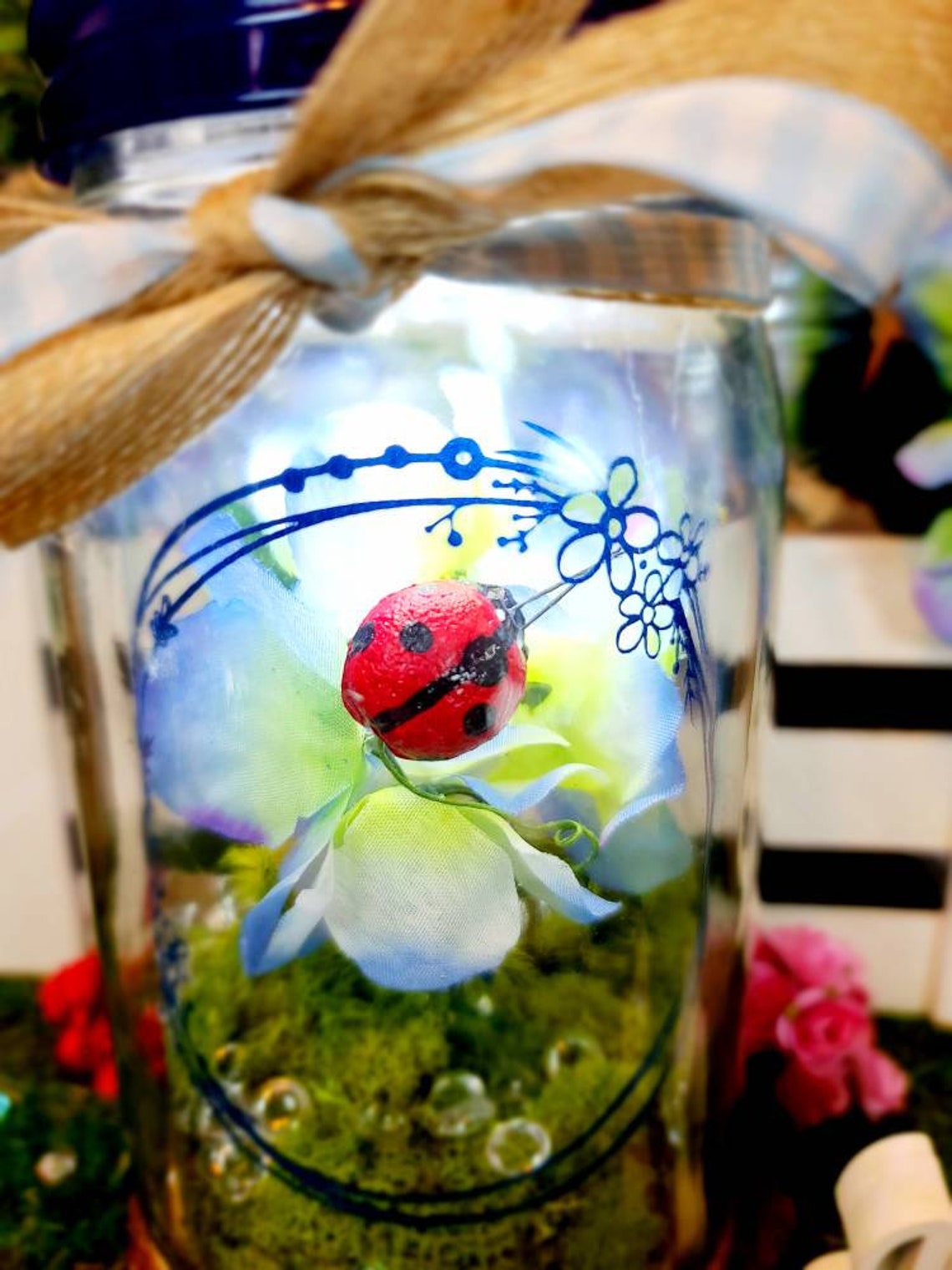 Ladybug Flower Terrarium LED Mason Jar Light Farmhouse Spring | Etsy