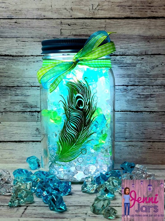 Peacock mason jar light peacock kitchen centerpiece | Etsy